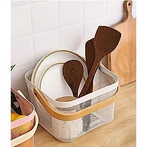 AJIODA 2 Pack Metal Mesh Steel Basket, Storage Organizer Basket Multi-function Hanging Kitchen Baskets Fruit Basket Bin with Wood Handle for Kitchen Bathroom Picnic Cabinet Home Decor, White
