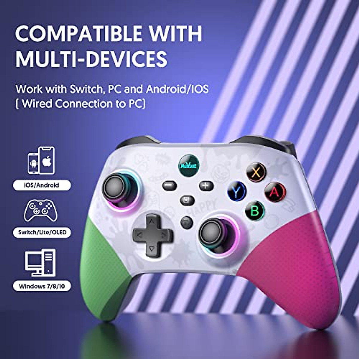 MOVONE Switch Controller Wireless Pro Controller for Switch/Switch Lite/Switch OLED, Switch Remote Gamepad with Joystick, Adjustable Turbo Vibration, Pro Controllers Switch with LED Color Light