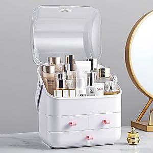 LINFIDITE Cosmetic Storage Box with Lid Makeup Organizer Box with Dust Free Cover Portable Handle,Large Makeup Display Case with Drawers Fully Open Lid,Great for Dresser Bathroom Countertop