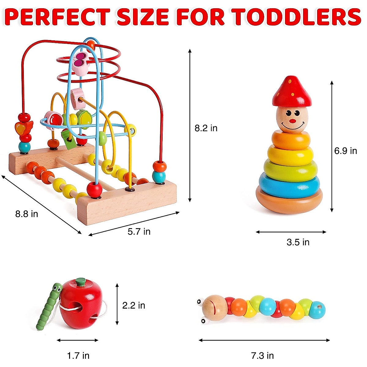 SHIERDU Four-in-one Early Education Set Bead Maze Toy for Toddlers Montessori Activity Caterpillars Eat Apple Wooden Rainbow Stacker Twisting Caterpillar Toddler Activity Center Portable Travel Toys
