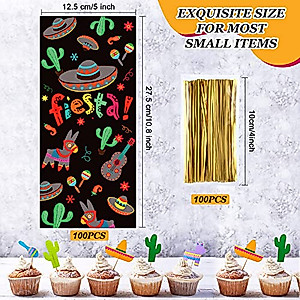 100 Pcs Mexican Candy Bags Fiesta Cellophane Treat Bags, Cinco De Mayo Treat Bag Fiesta Goodie Party Favor Bag with 100 Gold Twist Ties for Fiesta Mexico Party Decoration Supplies (Black)