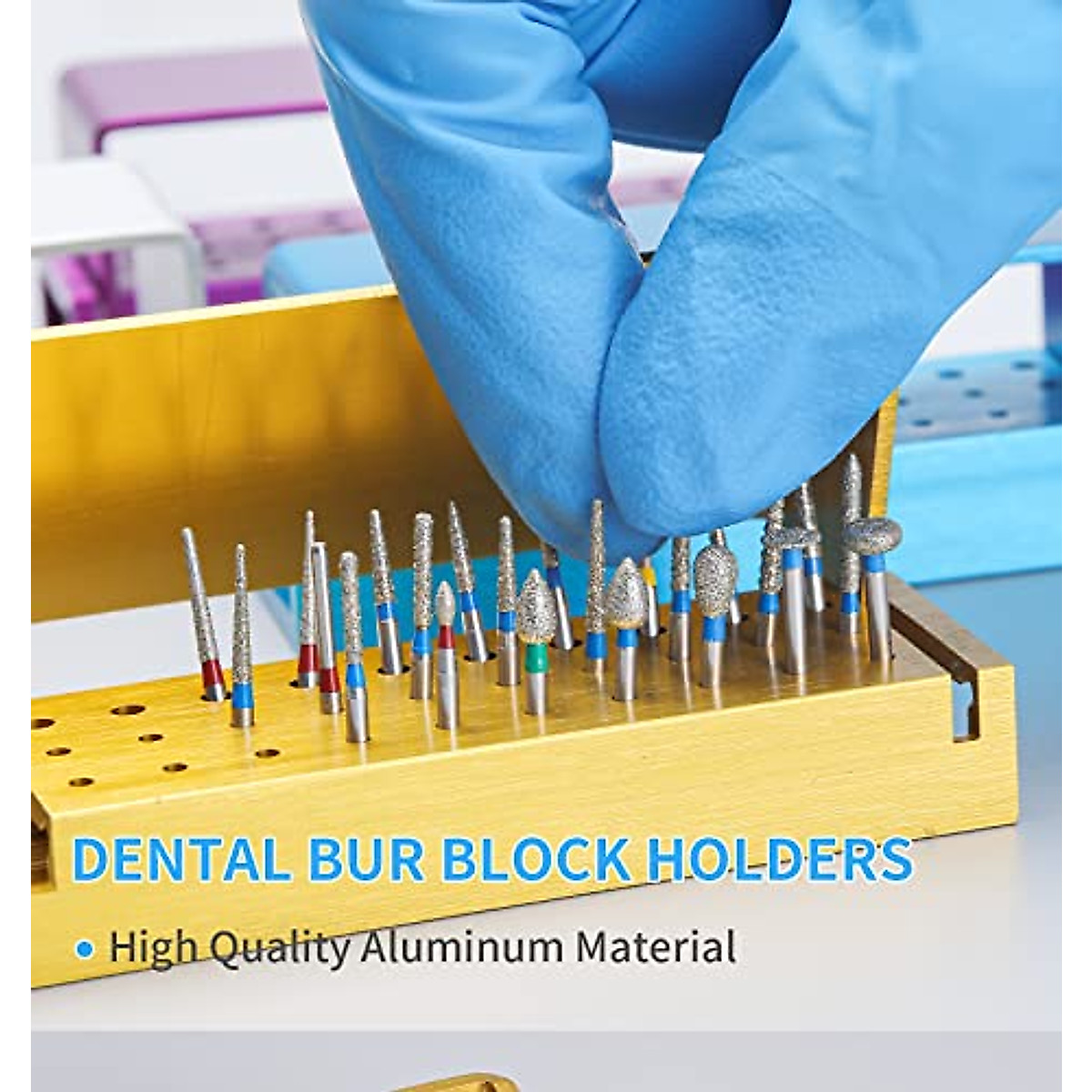 ANNWAH 4 Pcs 30 Holes Dental Bur Blocks - High Speed and Low Speed Diamond Bur Set Dental Lab Aluminum Bur Case Disinfection Opening Box Organizer Gold/Sliver/Blue/Purple