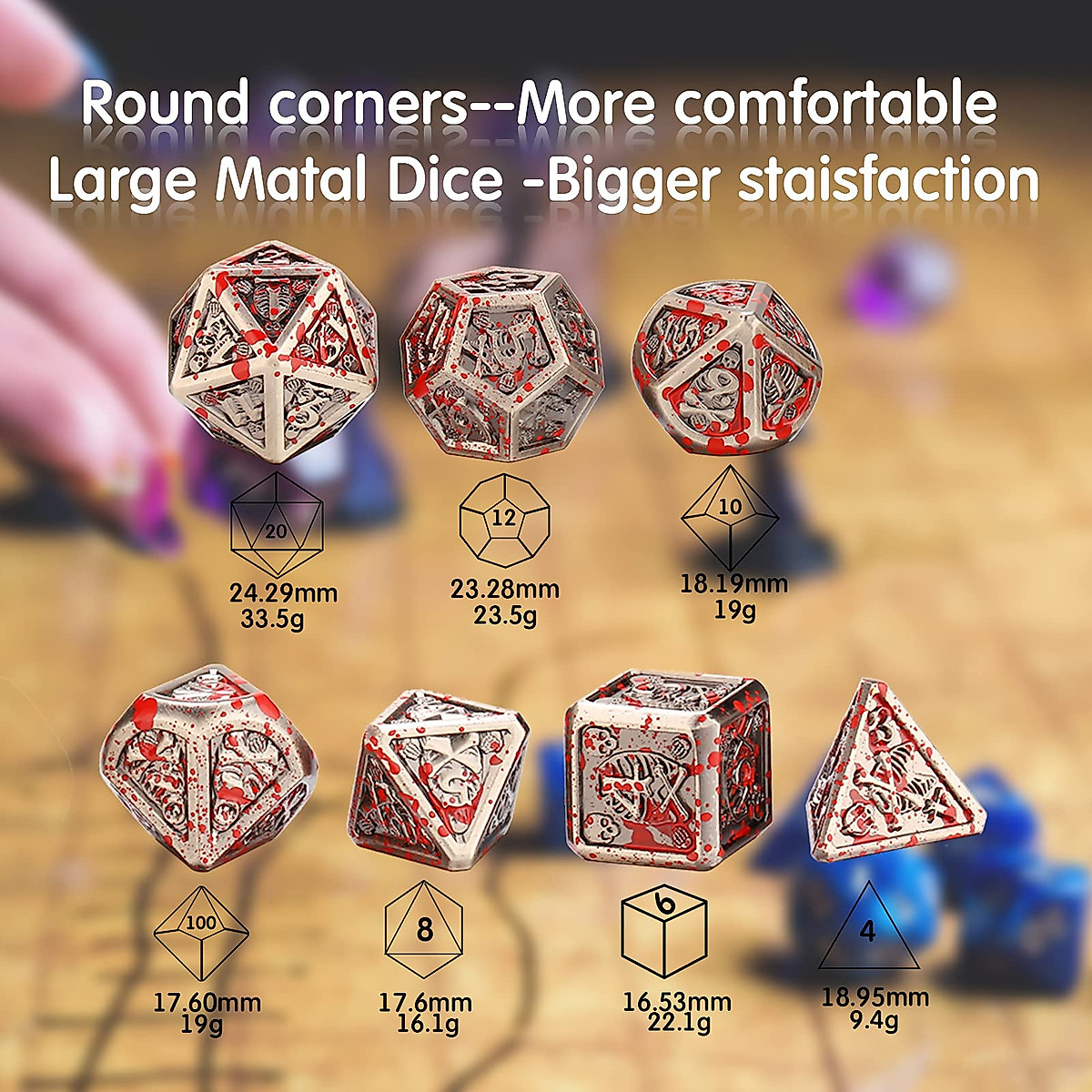 Halloween Dice Set Bloodstained Metal Polyhedral Gaming Dice Set Engraved Skeleton Dice for Tabletop Role Playing Games Dungeons and Dragons