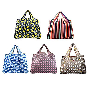Wayideal Reusable Grocery Bags,Washable/Durable Nylon Outdoor Bags，Set of 5 XXL-Shopping Holiday Folding Tote Bags,(RainbowStripe,PolarBear,Lemon,CartoonQhale,PinkHeart)