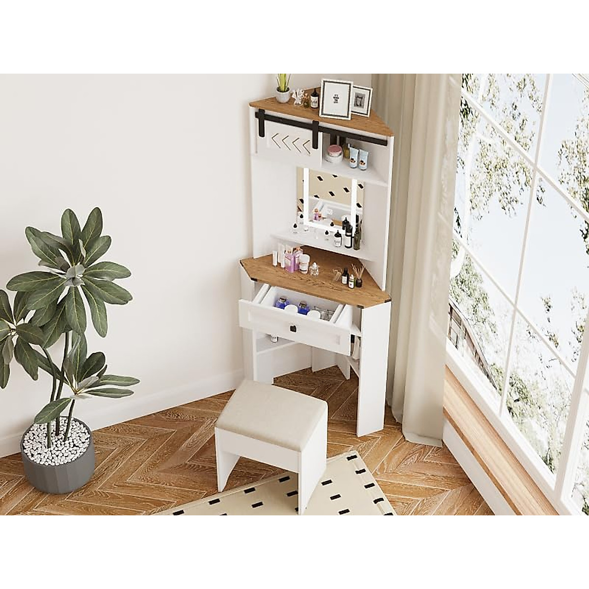 ARTETHYS Small Vanity Desk Set with Mirror and Lights Corner Makeup Table with Drawers for Small Space Farmhouse White Makeup Vanity Table with Storage Stool for Bedroom