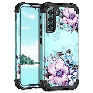 Casetego Compatible with Galaxy S22 5G Case,Floral Three Layer Heavy Duty Sturdy Shockproof Full Body Protective Cover Case for Samsung Galaxy S22 5G,Blue Flower
