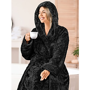 PAVILIA Women Hooded Plush Soft Robe | Fluffy Warm Fleece Sherpa Shaggy Bathrobe (L/XL, Black)