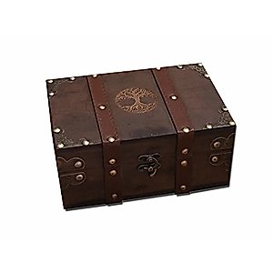 Gbrand 8.3" Wood and Leather Chest Box with Velvet Lining, Yggdrasil Tree of Life Engraved Wooden Box, Pentacle Wiccan Supplies and Tools Storage Box, Home Decor Box (Tree of Life)