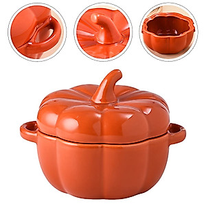 Zerodeko Ceramic Pumpkin Bowl with Lid, 420ml Halloween Bowl with Handle, Soup Bowl Candy Cookie Jar Stewing Bowl Salad Dish Pumpkin Decoration for Halloween Thanksgiving (Orange)