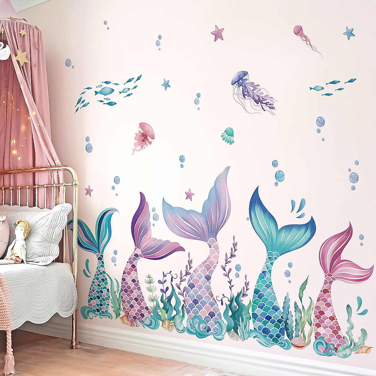 wondever Mermaid Tail Wall Stickers Under The Sea Mermaid Bubble Seaweed Peel and Stick Wall Art Decals for Baby Nursery Girls Bedroom Bathroom