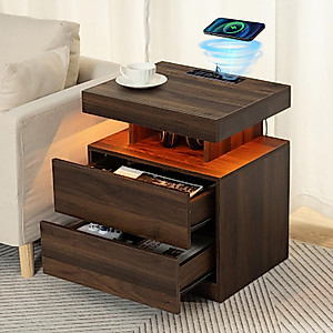 HOMMPA Rustic Nightstand with Wireless Charging Station LED Bedside Table with 2 Drawers End Table with Open Shelf Smart Nightstand USB Night Stand with Led Light for Bedroom Dark Walnut Wood
