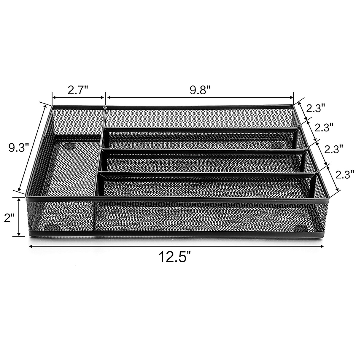 LIANYU Silverware Utensil Drawer Organizer, 5 Compartments Steel Mesh Cutlery Flatware Tray with Foam Feet, 9 1/4" W x 12 1/2" L x 2" H, Black