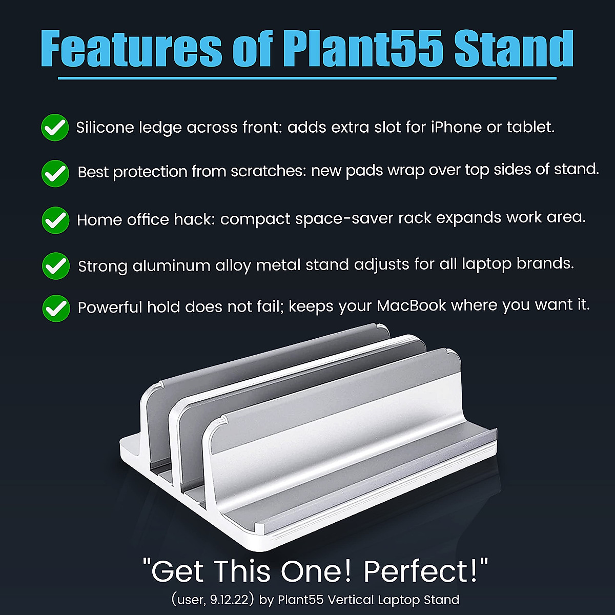 Dual Vertical Laptop Stand with New Smart Phone Slot; Compact Space-Saver Rack Expands Work Area. Strong Aluminum Adjustable Stand Holds Your Devices Securely