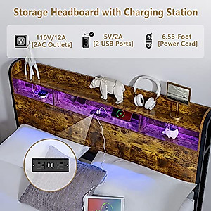 Alohappy Queen Bed Frame with LED Lights and Charging Station, Metal Platform Bed Frame with 2 -Tier Storage Headboard and Drawers, No Box Spring Needed, Easy Assembly, Noise Free