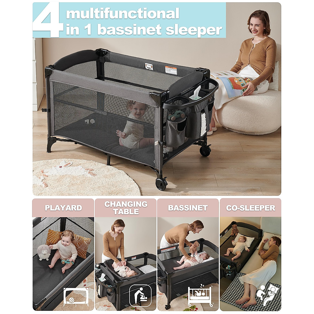 AirClub Baby 4 in 1 Bassinet Bedside Sleeper, Baby Bedside Crib Sleeper, Playard, Portable Diaper Changing Table, Baby Bassinet for Newborn Baby