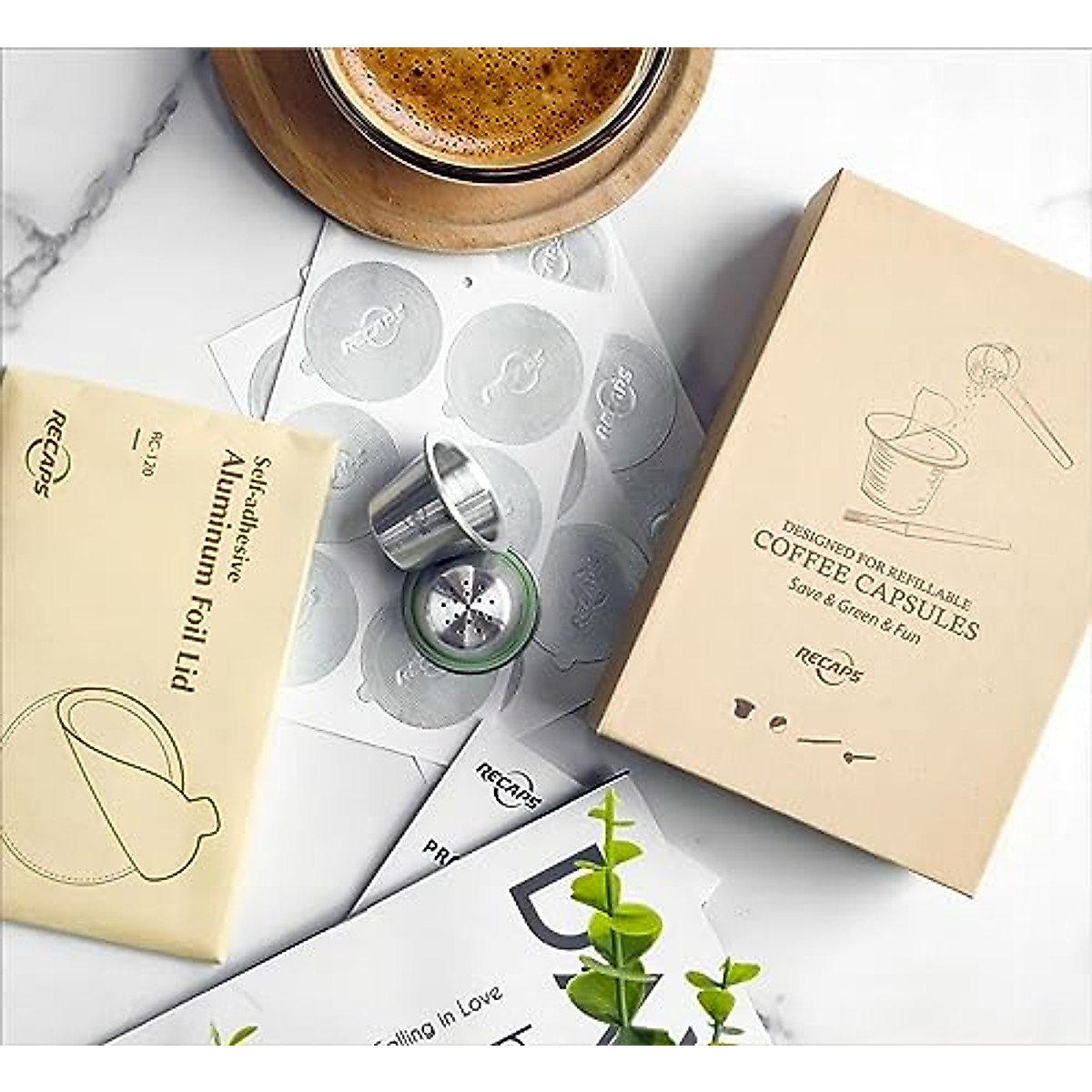 RECAPS Reusable Coffee Filter Capsules Compatible with Nespresso 2PCS Refillable Coffee Pods Permanent Coffee Filter Stainless Steel 120PCS Aluminum Foil Lids