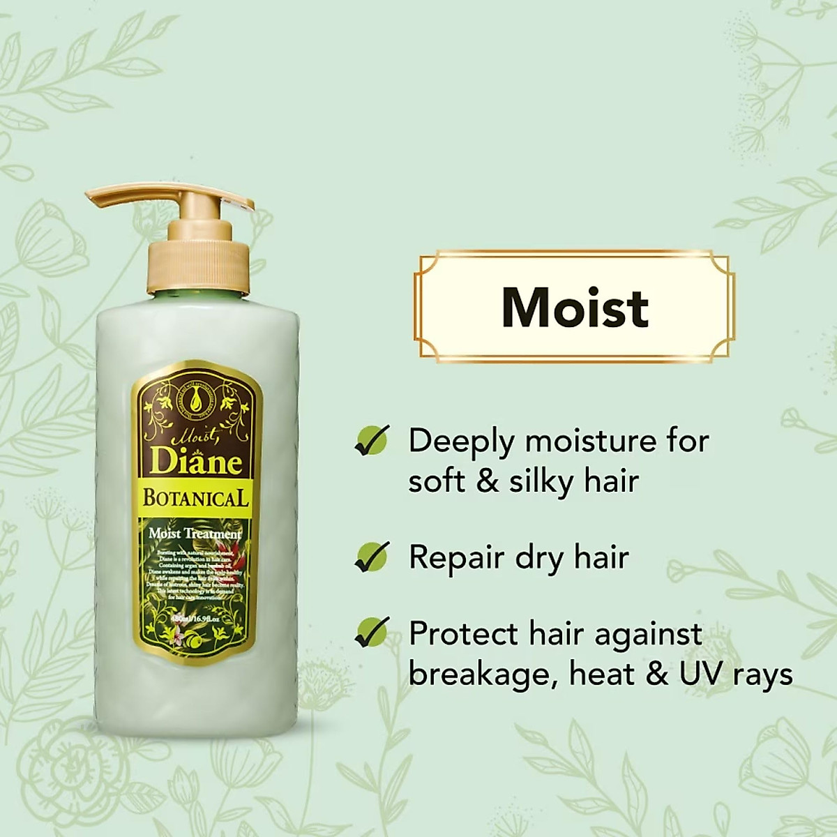 MOIST DIANE Hair Treatment with Pump for Women & Men, Natural Organic Japanese Hair Conditioner, Sulfate & Silicon Free Hydrating & Moisturizing Haircare Products, Botanical Moist 16.9 Fl Oz/500mL