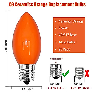 SUNSGNE 25 Pack C9 Orange Outdoor Halloween Night Light Bulbs, C9 Christmas Tree Lights for Indoor Outdoor Patio String Lights, E17/C9 Intermediate Base, 7 Watt, Ceramic Orange