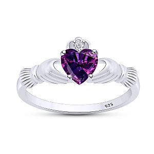 Jewel Zone US Heart Cut Simulated Amethyst & Cubic Zirconia Claddagh Ring In 14k White Gold Over Sterling Silver Jewelry Gift For Her Ring Size-8.5
