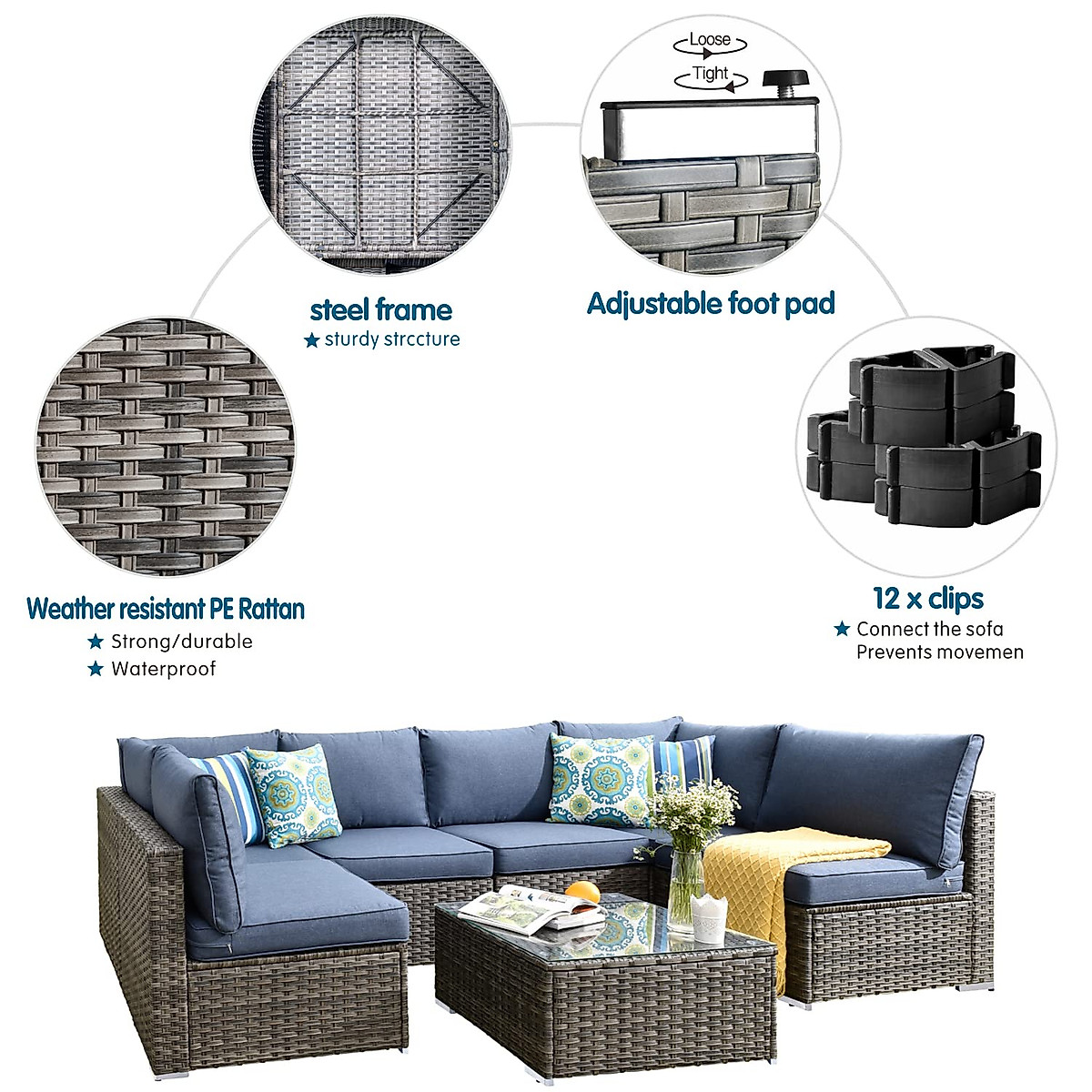 XIZZI Patio Furniture Outdoor Sectional Sofa 7 Piece All Weather PE Rattan Wicker Conversation Sets with Coffee Table for Backyard Deck Garden,Denim Blue