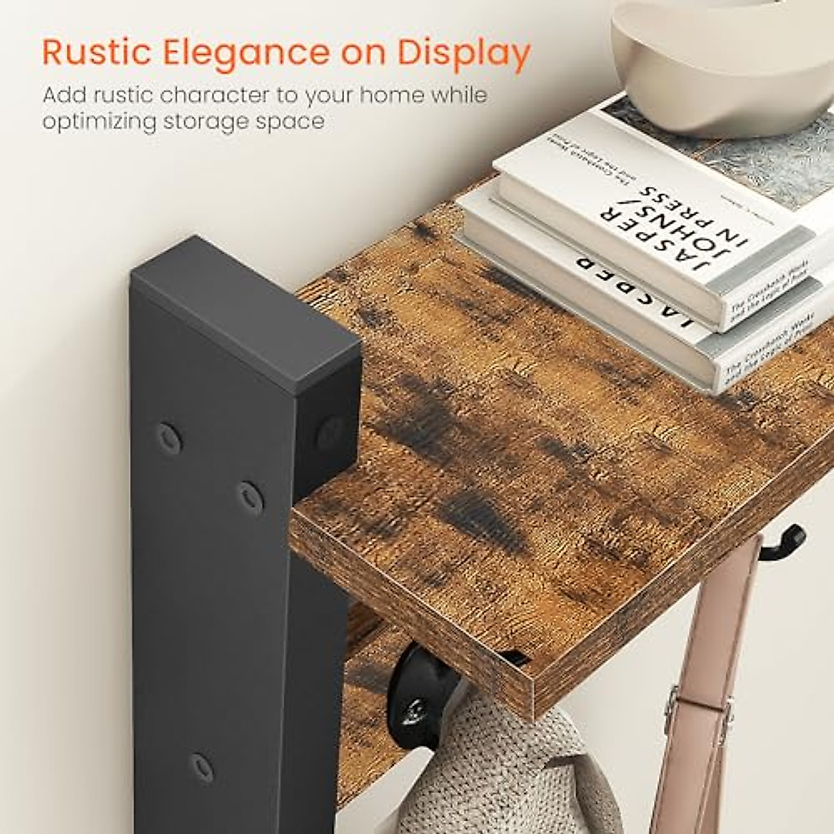 Homode Wall Hooks with Shelf, Wood Coat Rack with Shelf Wall-Mounted, Entryway Hanging Shelf with 5 Metal Hooks for Clothes Hats Towel Purse Robes, Bathroom Mudroom Bedroom, Rustic Brown Black