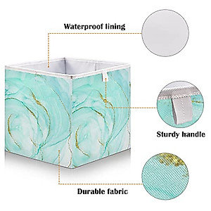 ALAZA Teal Turquoise Marble Fabric Cube Storage Bin,Collapsible Fabric Bins Organizer Foldable Basket For Closet Cabinet Shelf Office,15.75X10.63X6.96In