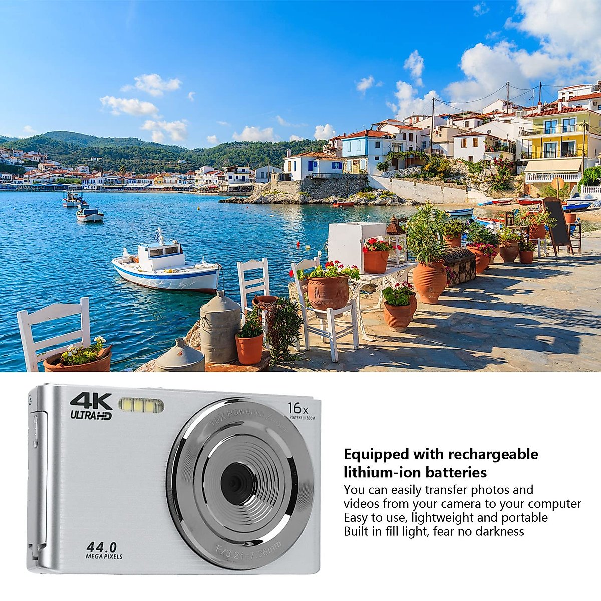 4K Digital Camera, 16X Digital Zoom 44MP Vlog Camera, 2.8in Screen, Built in Fill Light, Support USB Data Transmission, Anti Shake, for Beginners and Children (Silver)
