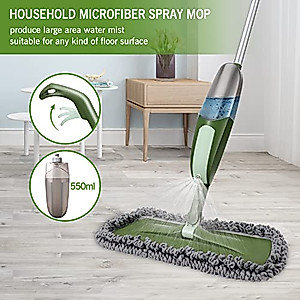 Microfiber Spray Mop for Floor Cleaning, Microfiber Wet Spray Mop with 550ML Water Bottle and 5 Pcs Reusable Pads, Dry Wet Kitchen Mop for Hardwood Laminate Tile Ceramic Surface, 1 Free Scaper