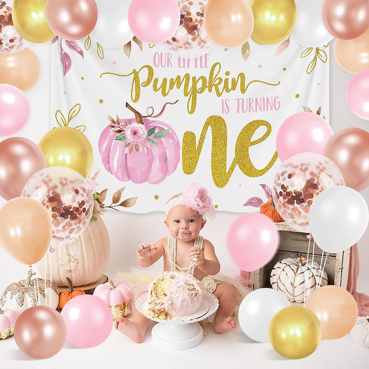 Vansolinne Pink Pumpkin First Birthday Decorations for Girls Our Little Pumpkin is Turning One Backdrop Banner and Balloon Garland Arch Kit 1st Birthday Party Supplies Background Photoshoot Props
