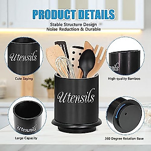 Y&ME YM Utensil Holder, 360° Rotating Kitchen Utensil Holder for Countertop, Bamboo Utensil Crock Utensil Caddy for Flatware, Cooking Utensil Organizer for Farmhouse Kitchen Decor (Black)