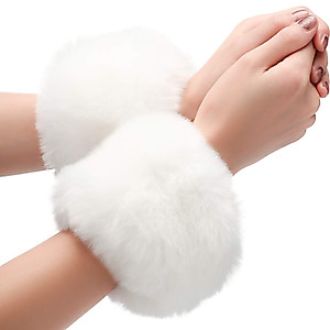 SATINIOR Faux Fur Short Wrist Cuff Winter Wrist Cuff Warmers Fuzzy Wrist Cuff for Women Girls Favors (White)