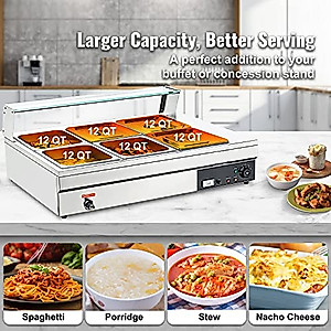 6-Pan Commercial Food Warmer with Tempered Glass Cover - Stainless Steel Countertop Electric Steam Table for Catering and Restaurants