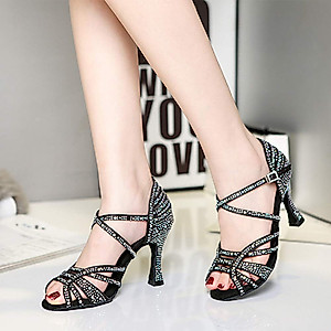 HROYL Women Rhinestone Ballroom Dance Shoes Latin Salsa Practice Performance Dance Shoes YCL356-6 Black, 5.5 B(M) US