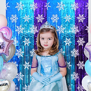 Bupelo Frozen Birthday Party Decorations, 2 Pack Frozen Birthday Party Supplies 3.3x6.6ft Tinsel Foil Fringe Curtains, Winter Photo Booth Prop Backdrop Streamer, Snowflake Birthday Party Decor
