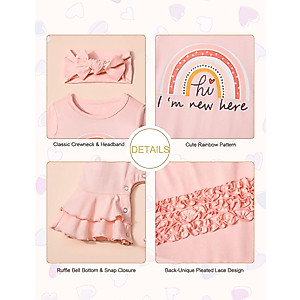 AGAPENG Baby Girl Clothes Newborn Girl Clothes hi I'm new here Romper Ruffle Rainbow Onesie Flare Bell Bottom Jumpsuit Fall Winter Outfits Newborn Girl Outfits Pink with Headband Hat