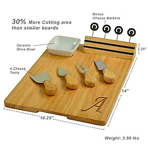 Personalized Monogrammed Laser Engraved Hardwood Board for Cheese & Appetizers - Includes 4 Cheese Knives, Cheese Markers & Ceramic Dish - Designed by Picnic at Ascot in California
