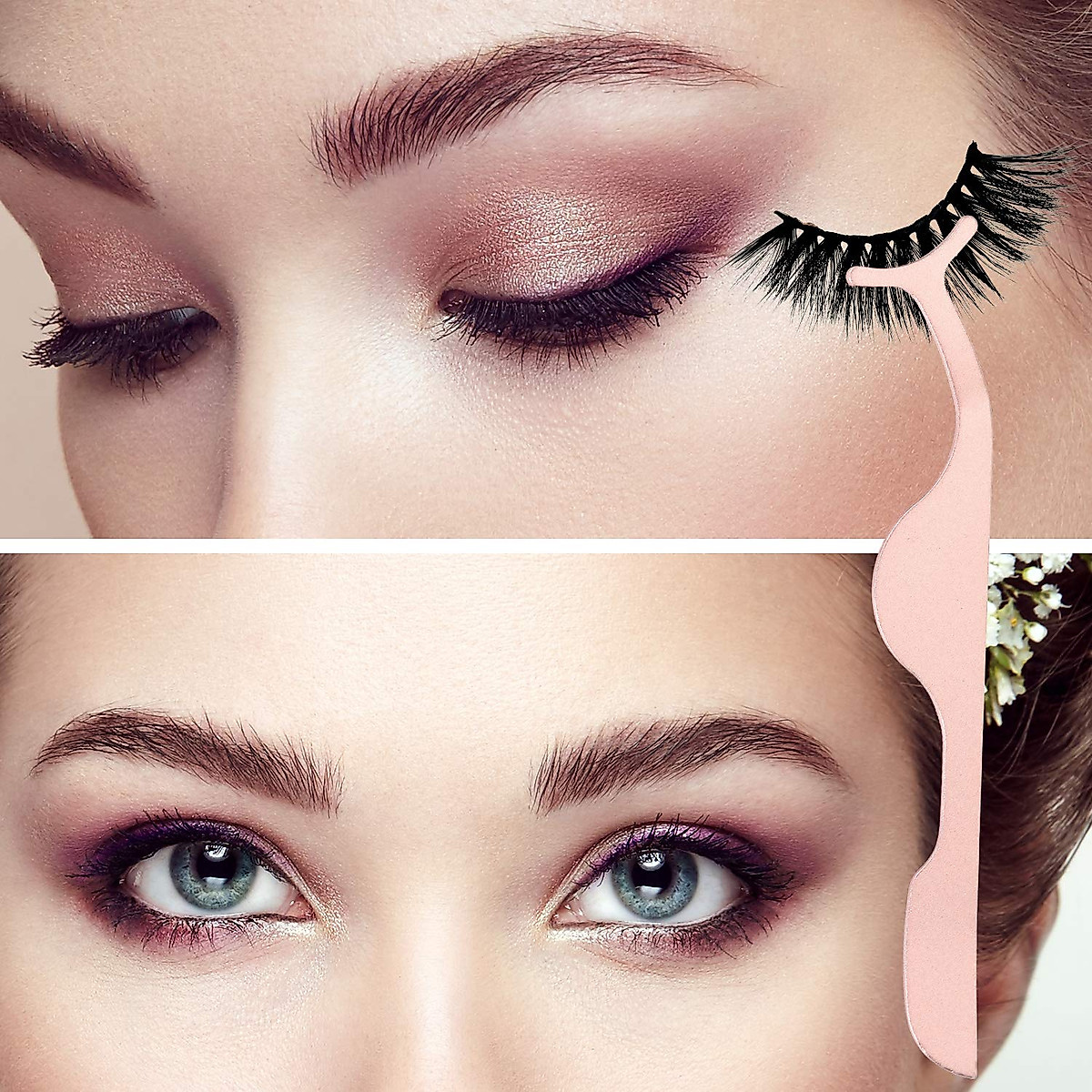 24 Pieces False Eyelashes Applicator Tool Stainless Steel Eyelash Extension Tweezers Remover Clip Tweezers Nipper Eyelash Auxiliary Clip for Women Girls Makeup Application and Removal (Rose Gold)