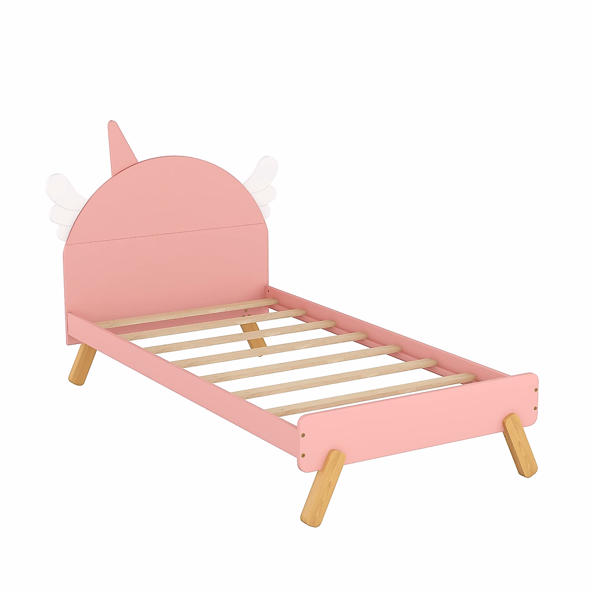 Lifeand Twin Size Bed with Shelf Behind Headboard,Wooden Cute Platform Bed with Curved Headboard,Pink