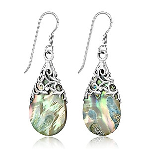 AeraVida Floral Vine Ornate Teardrop Abalone Shell .925 Sterling Silver Earrings | Abalone Earrings