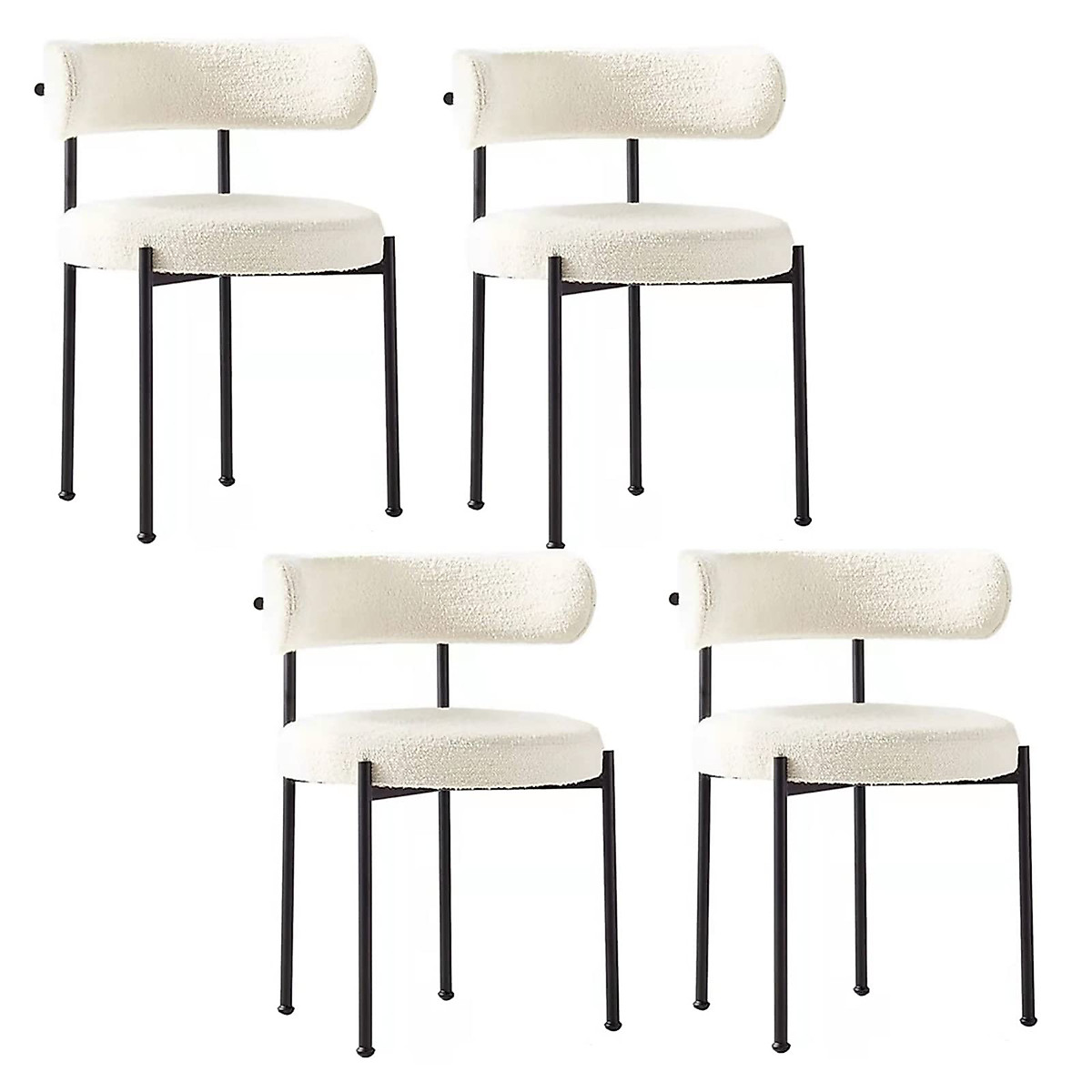 QQXX Upholstered Dining Chairs Cute Boucle Chair,Mid Century Modern Dining Chair for Kitchen Dining Room,Comfy Sherpa Accent Chair Vanity Chair Side Chairs with Metal Legs(Set of 4, White Black)