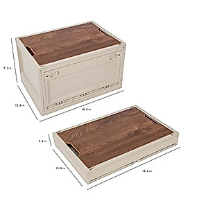 The foldable outdoor camping storage box has a large capacity of 40L, the foldable storage box equipped with a wooden cover and rollers can be used for indoor,car trunk and camping.