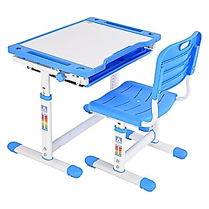 Height Adjustable Kids Desk and Chair Set - Homework Table and Chair Set with T-ilted Table & Pull Out Storage Drawer - Student Study Desk for Boys and Girls Writing Drawing Painting (Blue, A)