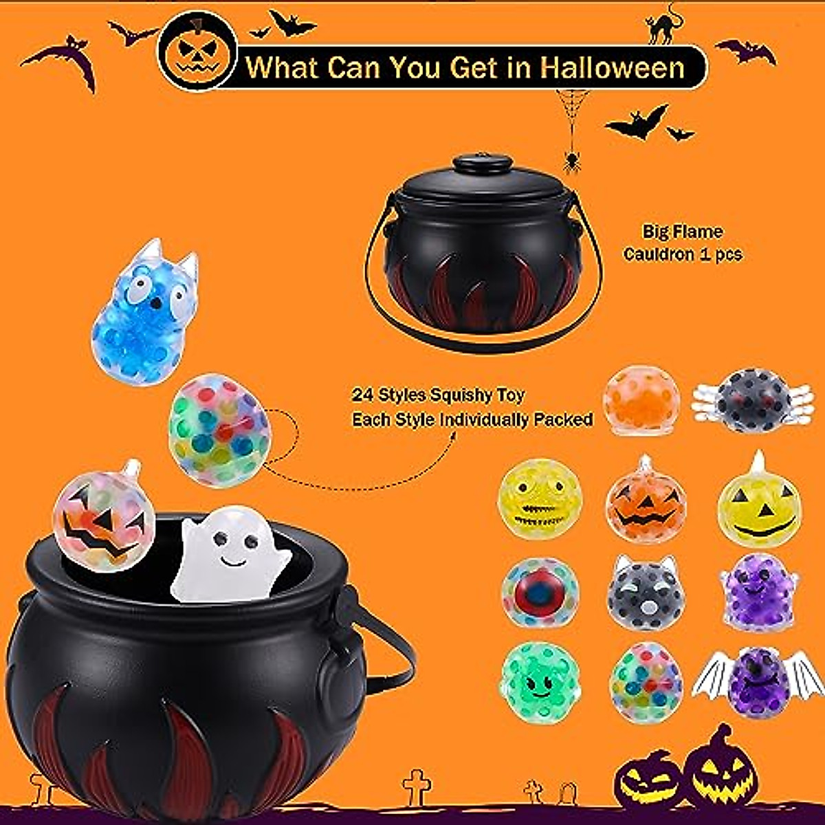 xutengy 5.5" Halloween Cauldron with 24 Pcs Mochi Squishy Toys，Halloween Mini Kawaii Squeeze Toys for for Kids Girls Boys Halloween Party Favors Trick or Treat Bags Gifts，School Classroom Rewards