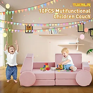 TUKAILAi 10PCS Modular Kids Play Couch, Convertible Child Sectional Sofa, Imaginative Furniture Play Set for Creative Kids, Toddler, Teen Nugget Couch for Boys and Girls(Pink)