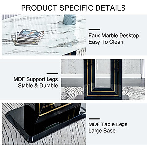 Maotifeys Luxury Faux Marble Dining Table for 6 Rectangular Kitchen Table with Black Gold Pedestal Base Elegant White Marble Dinner Table for 4-6 People in Kitchen Dining Room Office