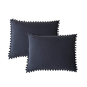 Navy Blue Pom Poms Pillowcases, Dark Blue Standard Queen 20x30 Inches Pillowcases Set of 2, 100% Washed Microfiber, Navy Fringe Pillow Shams, 2 Pack (Standard, Navy Blue)
