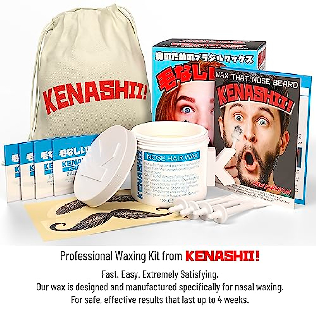 Nose Wax Kit | 100 g Wax, 24 Applicators | The Original and Best Nose and Ear Hair Removal Kit from Kenashii | Nasal Waxing For Men and Women | 12 Applications | 12 Balm Wipes | 12 Mustache Guards