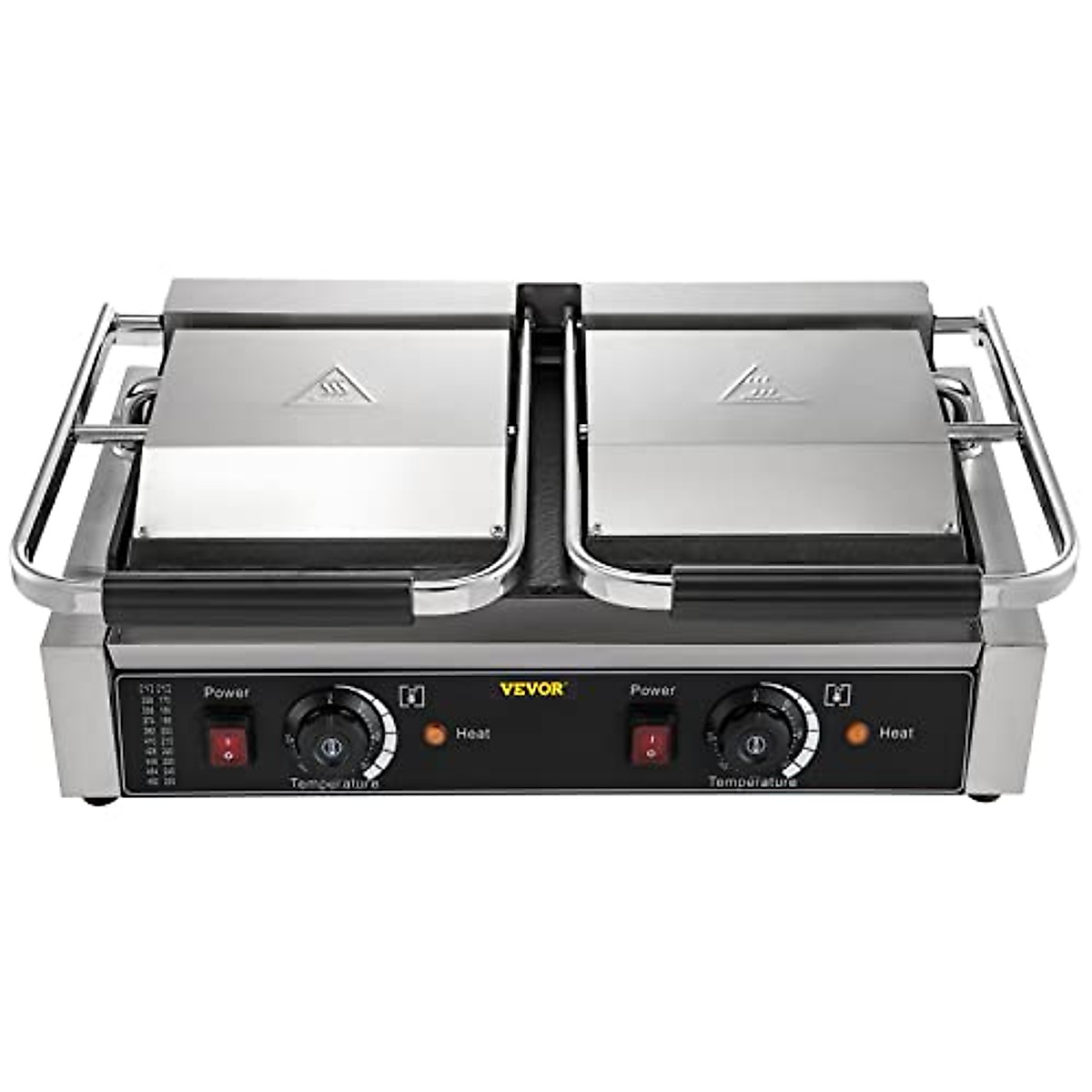 Happybuy Commercial Sandwich Panini Press Grill,110V 2x1800W Double Up Grooved and Down Flat Plates Electric Stainless Steel Sandwich Maker,Temperature Control 122°F-572°F for Hamburgers Steaks Bacons