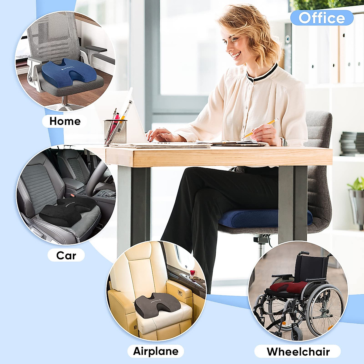 TICONN Memory Foam Seat Cushion, Office Chair Cushion Butt Pillow for Long Sitting (Blue)