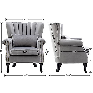 DM Furniture Mid Century Accent Chair Modern Tufted Wingback Armchairs Club Chair Velvet Single Sofa Lounge Chair with Pillow for Living Room, Grey